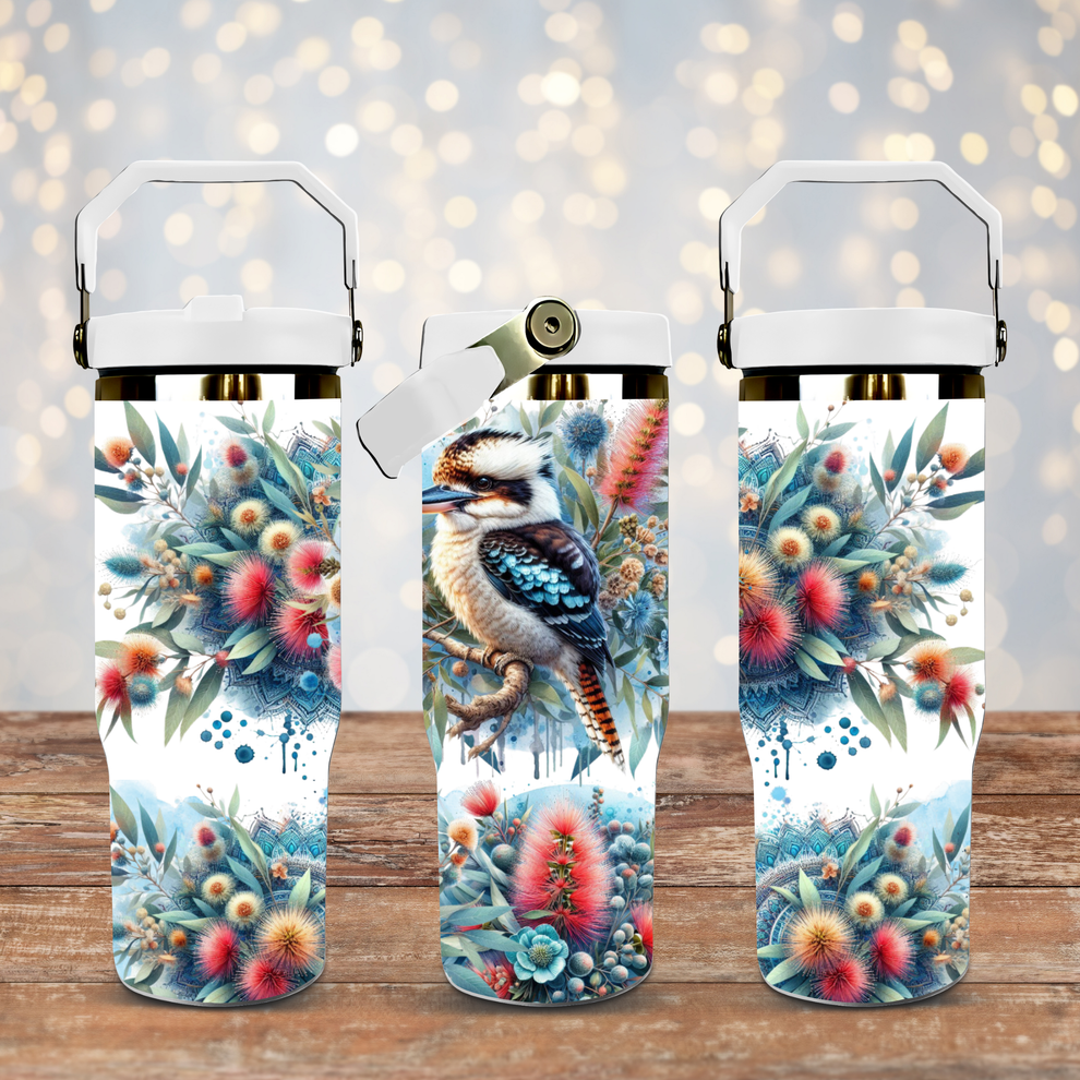Blue Watercolour Kookaburra and Australian Natives- Digital 30oz Subli ...