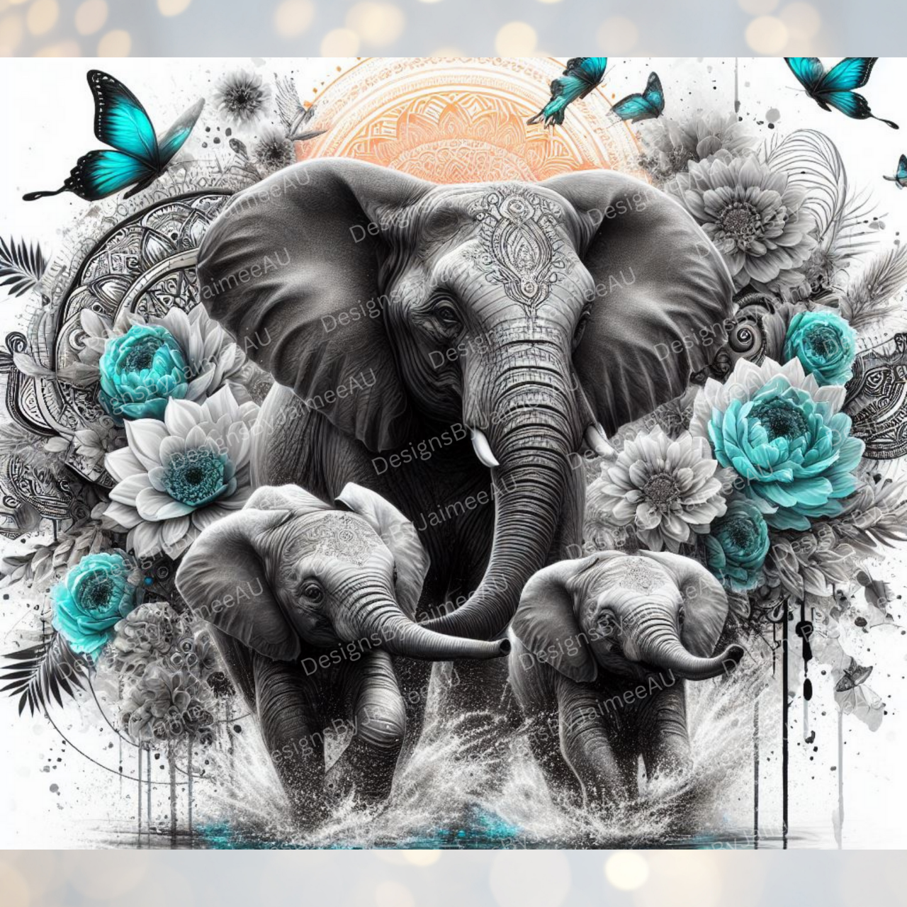 Grey and Turquoise Watercolour Elephants Digital 20oz Sublimation Tumb ...