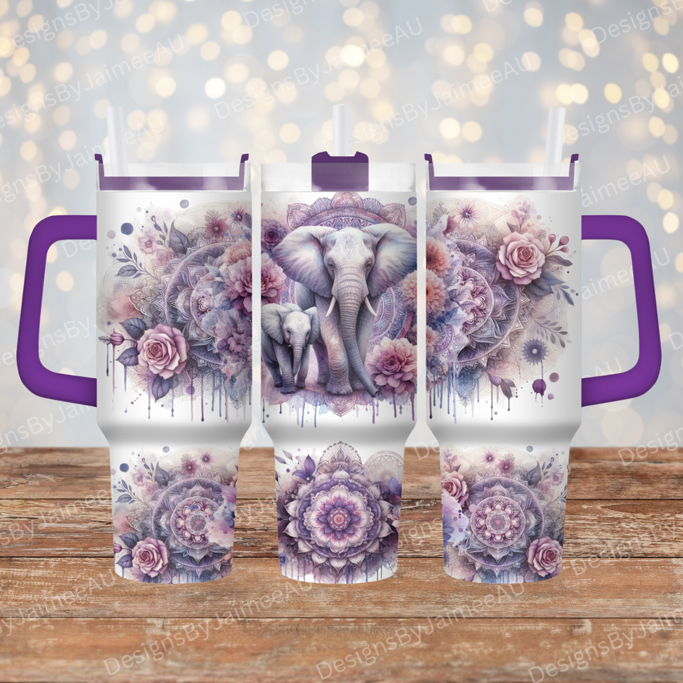 Purple Watercolour Floral Mama and Babies Elephants 40oz Digital Subli ...