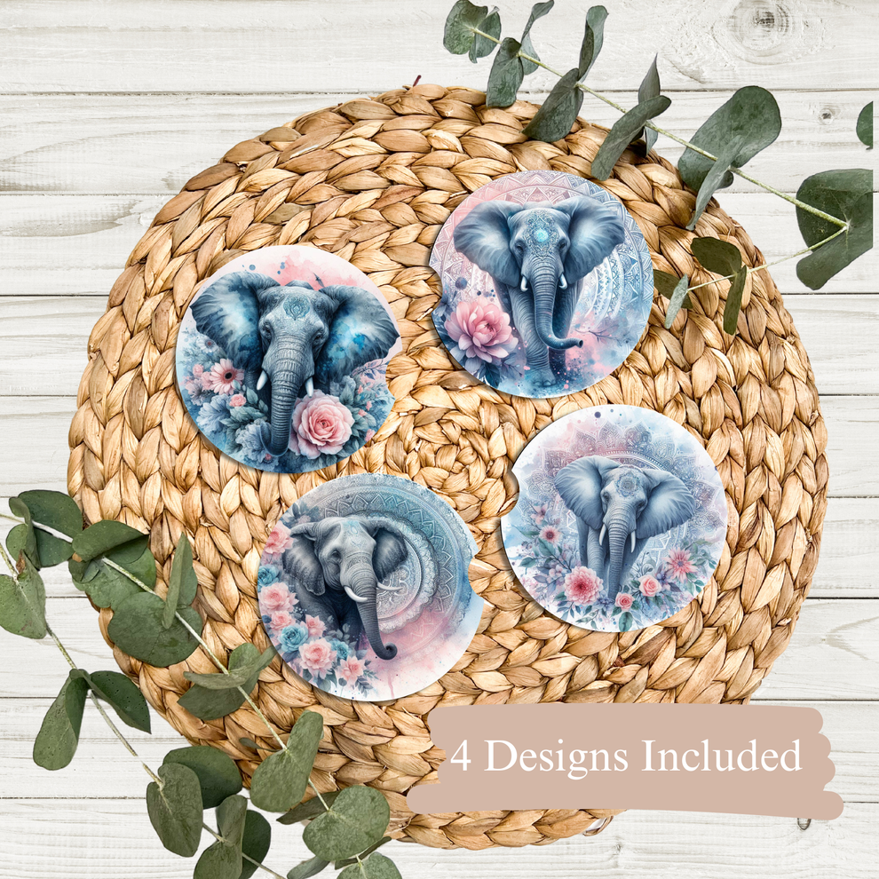 4 Watercolour Blue/Pink Elephant Digital Sublimation Car Coaster Desig ...