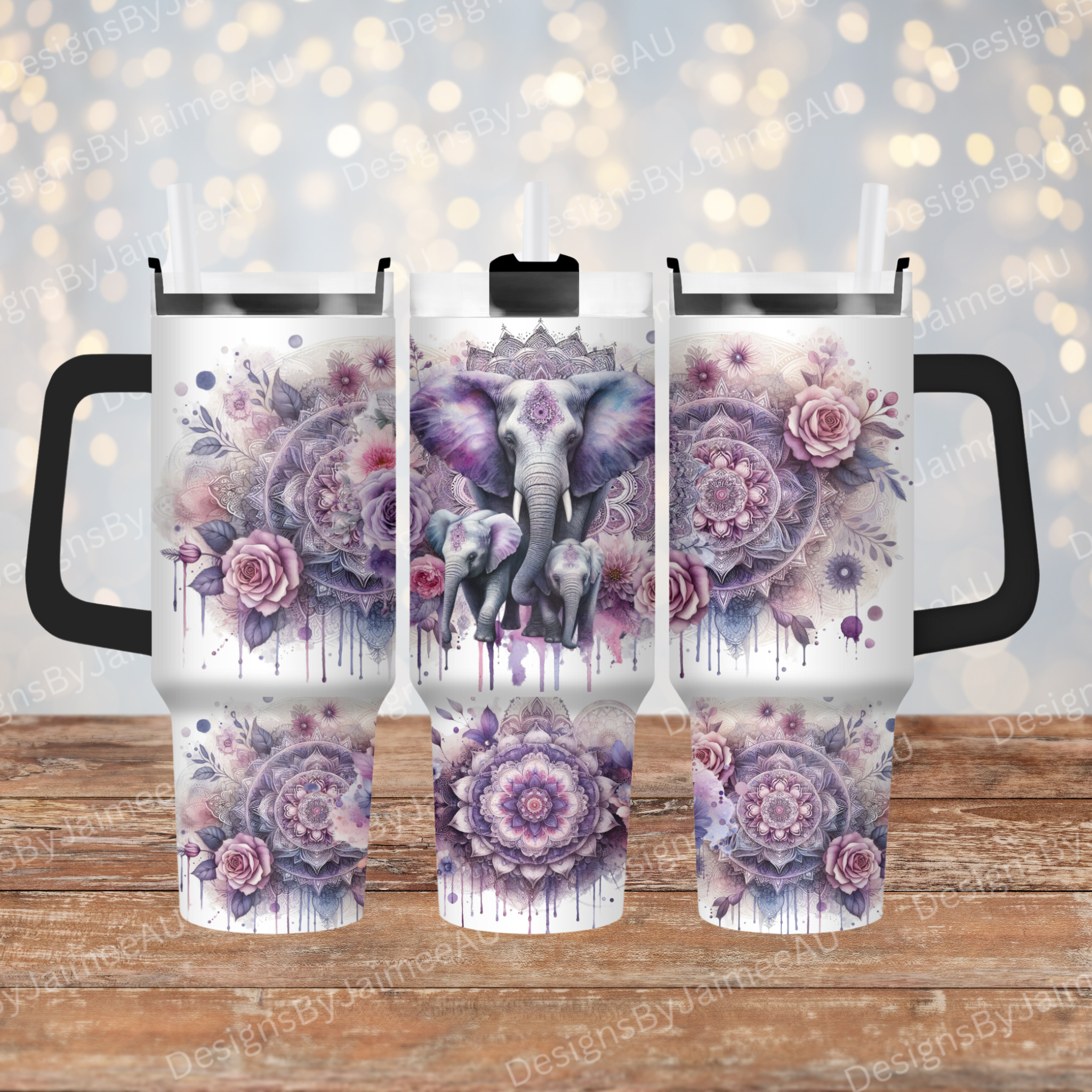 Mama and Baby - Purple Watercolour Floral Elephants 40oz Digital Subli ...