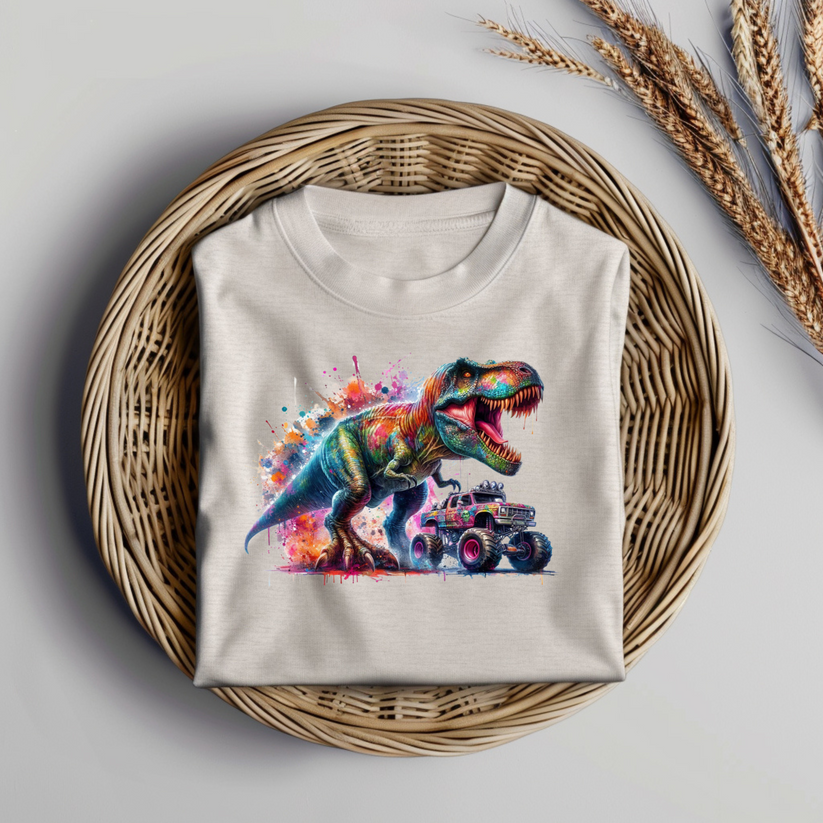 Vibrant Watercolour T-Rex and Monster Trucks #2 Digital DTF Transfer P ...